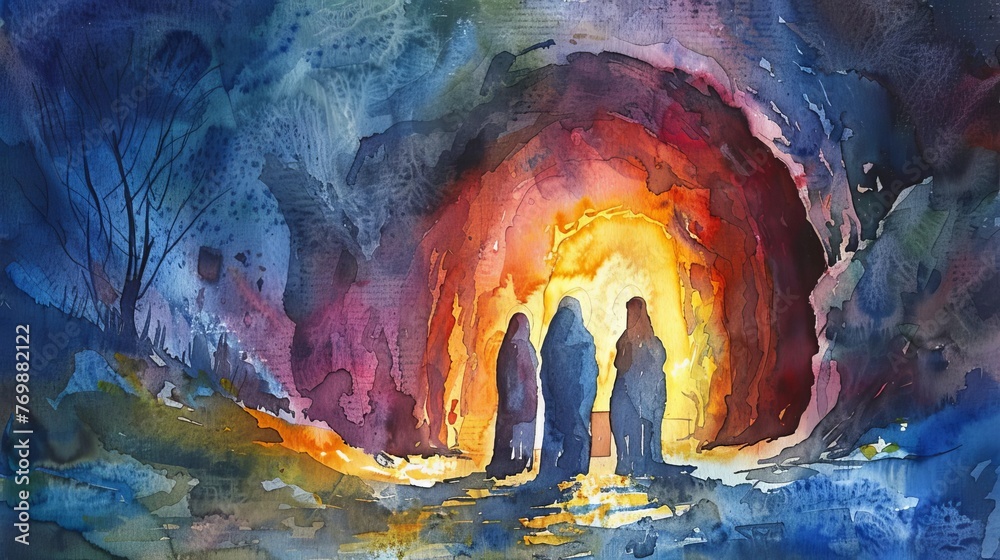 Vibrant watercolor painting of three women standing before an open ...