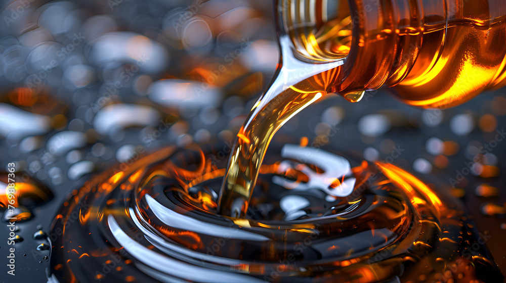 Liquid stream of motorcycle motor oil flows from the neck of the bottle ...