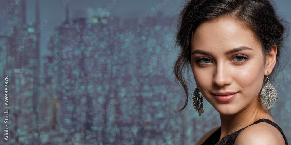 A stunning youthful female clad in midnight attire captures her ...