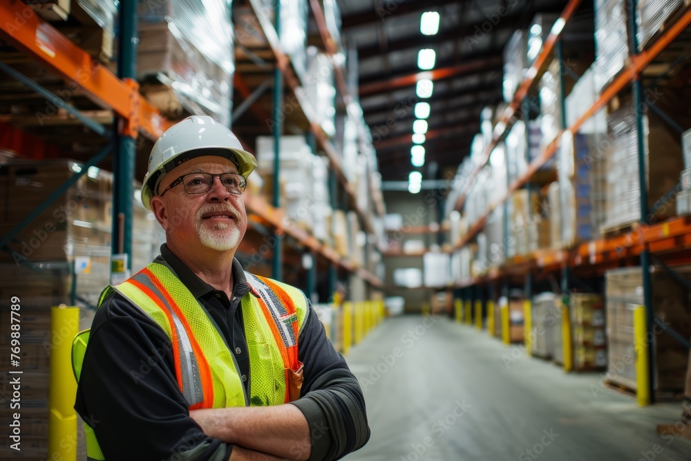 A man standing in a warehouse with his arms crossed, overseeing ...