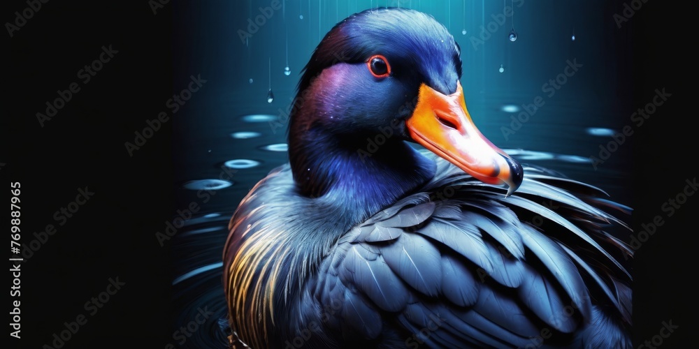 A close-up photo of a duck in a body of water with droplets of water ...