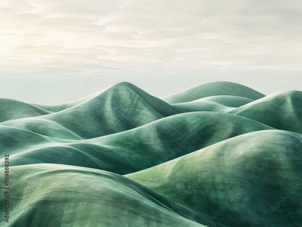 surreal 3D landscape with rolling hills made of soft fabric textures ...