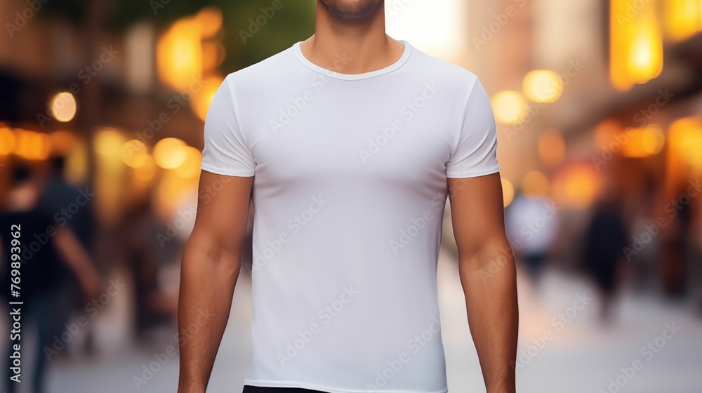 Young model shirt mockup, boy wearing white t-shirt on street in ...
