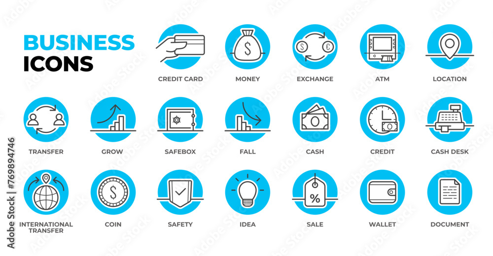 Business icons pack, set of circle vector icons: credit card, exchange ...