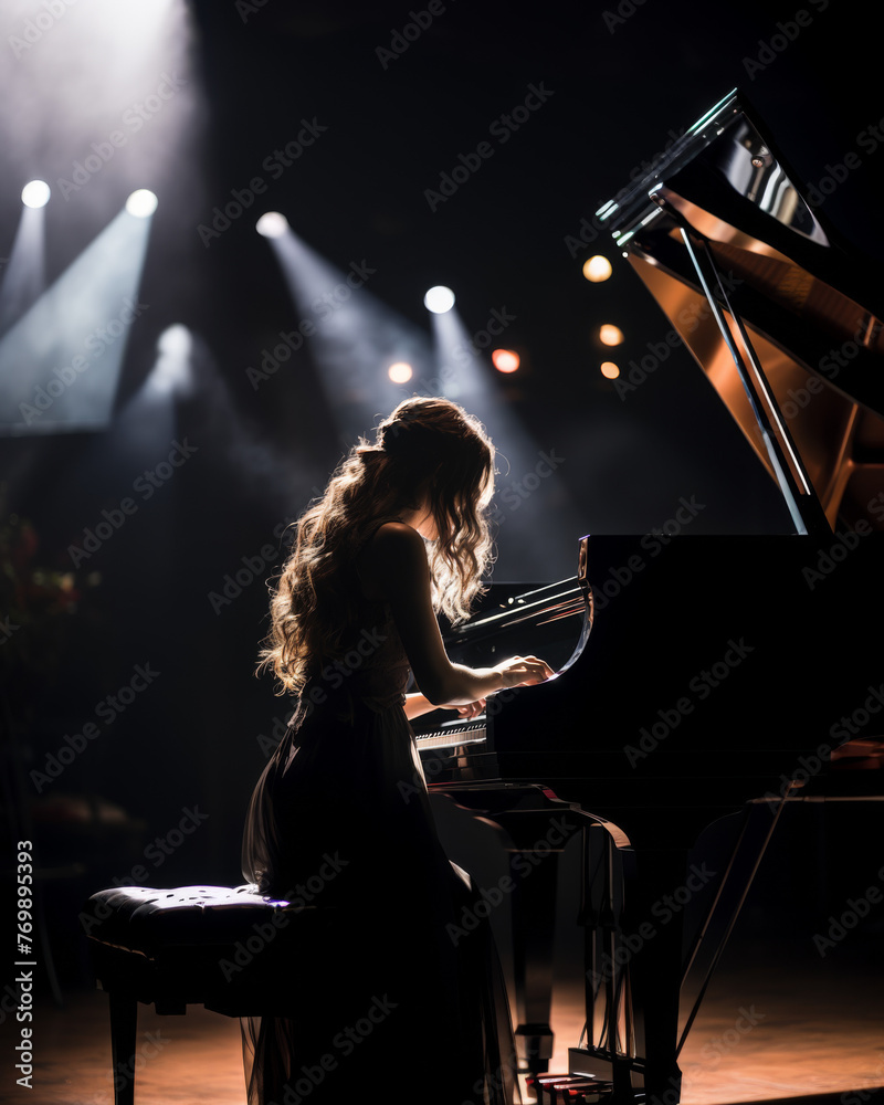 woman pianist with long, sits before a grand piano, her silhouette ...