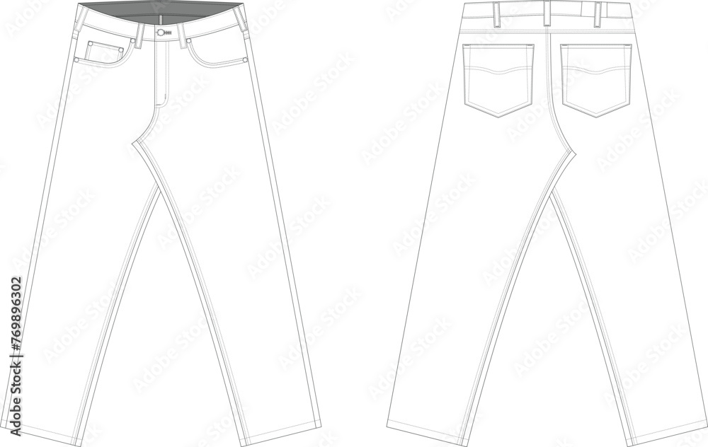 Technical drawing. Denim 5-pocket jeans.Relaxed fit with slight taper ...