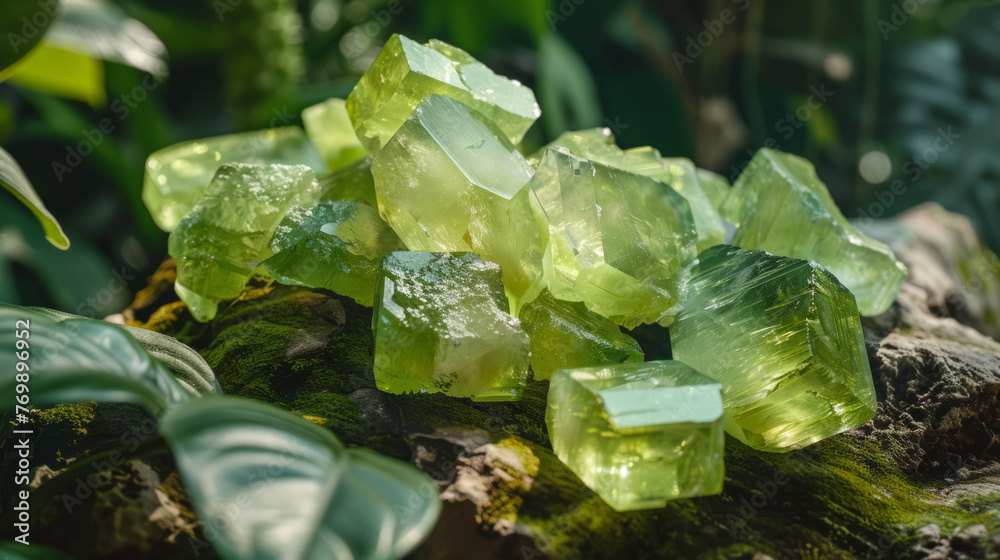 A naturally-occurring cluster of green crystals beautifully displayed ...