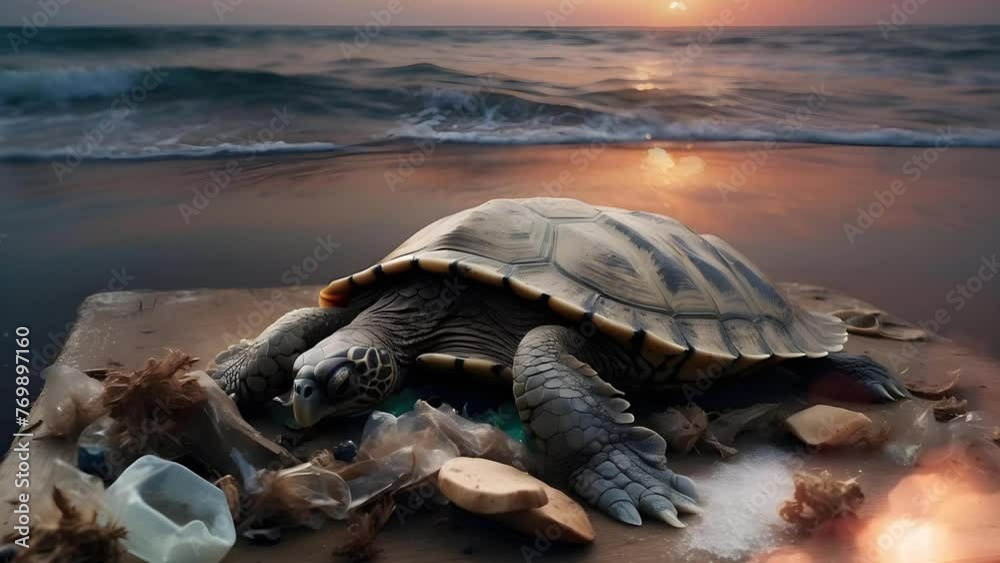 turtle with rubbish around it. Garbage endangers marine ecosystems ...