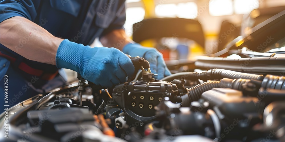 Mechanic Working On Car Engine In Auto Repair Shop With Tools And Parts Mechanic Working On Car Engine In Auto Repair Shop With Tools And Parts