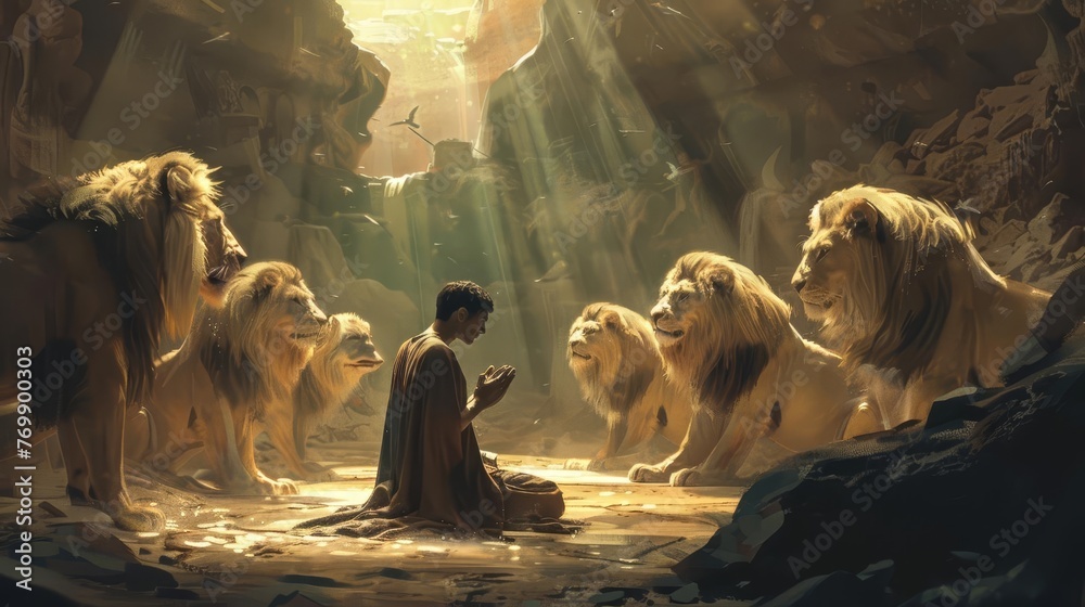 Daniel praying in the lions' den, demonstrating unwavering faith and ...