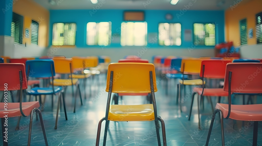 School classroom in blur background without young student. Blurry view ...