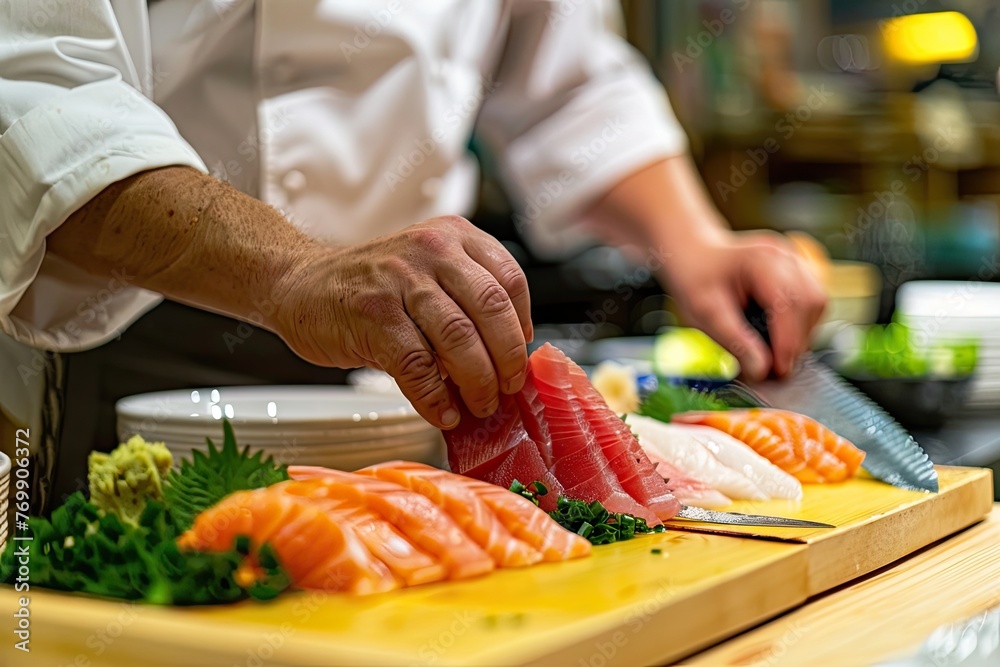 Action shot of a chef expertly slicing sashimi focusing on the ...