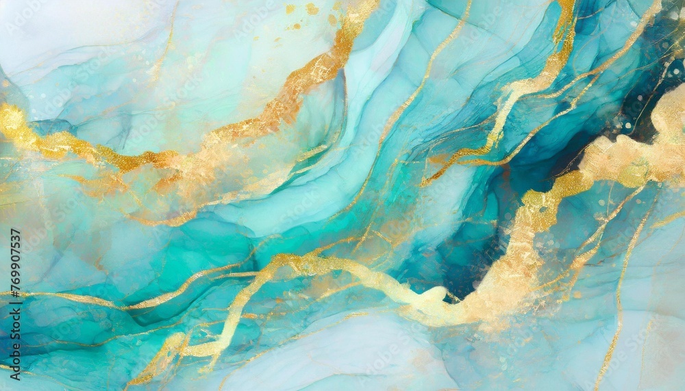 abstract blue and gold paint splash background with golden stains cyan ...