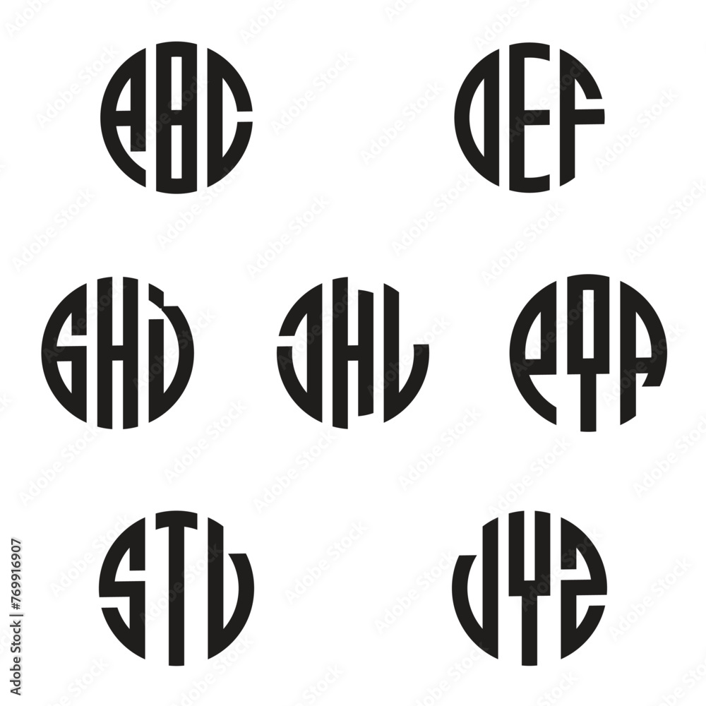 set of 3 Letter Grid Logos isolated on black background - 3 alphabet ...