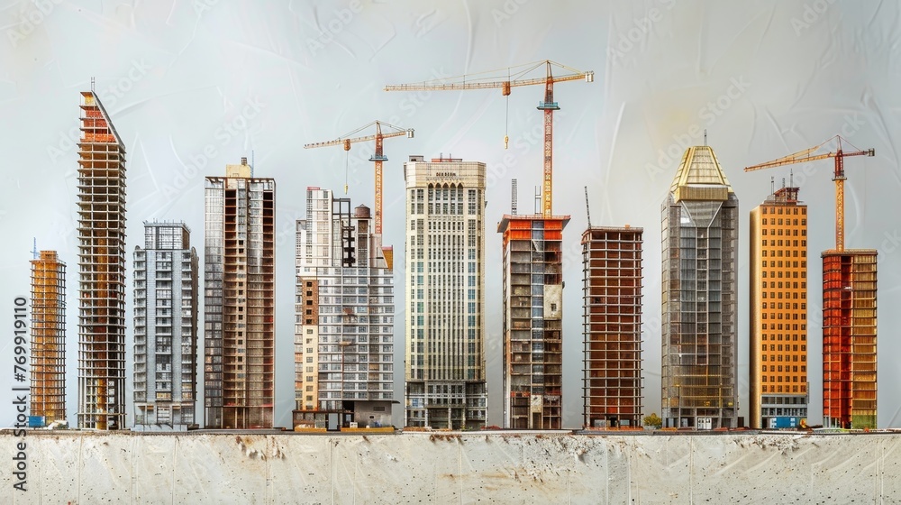 A dynamic urban skyline in progress, with multiple high-rise structures ...