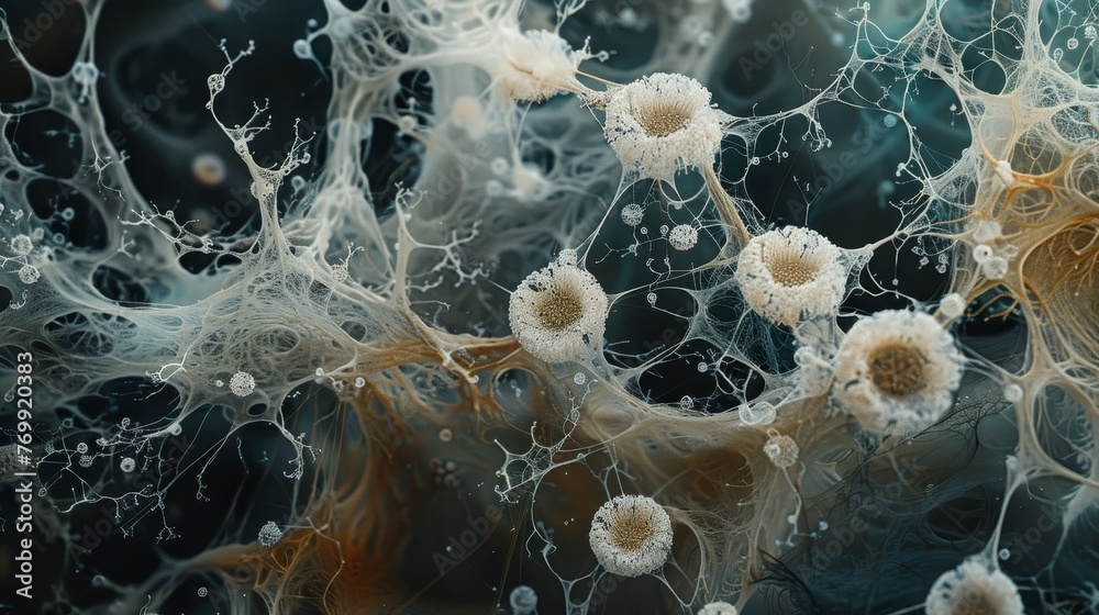 This microscopic view unveils a fascinating fungal network with spore ...