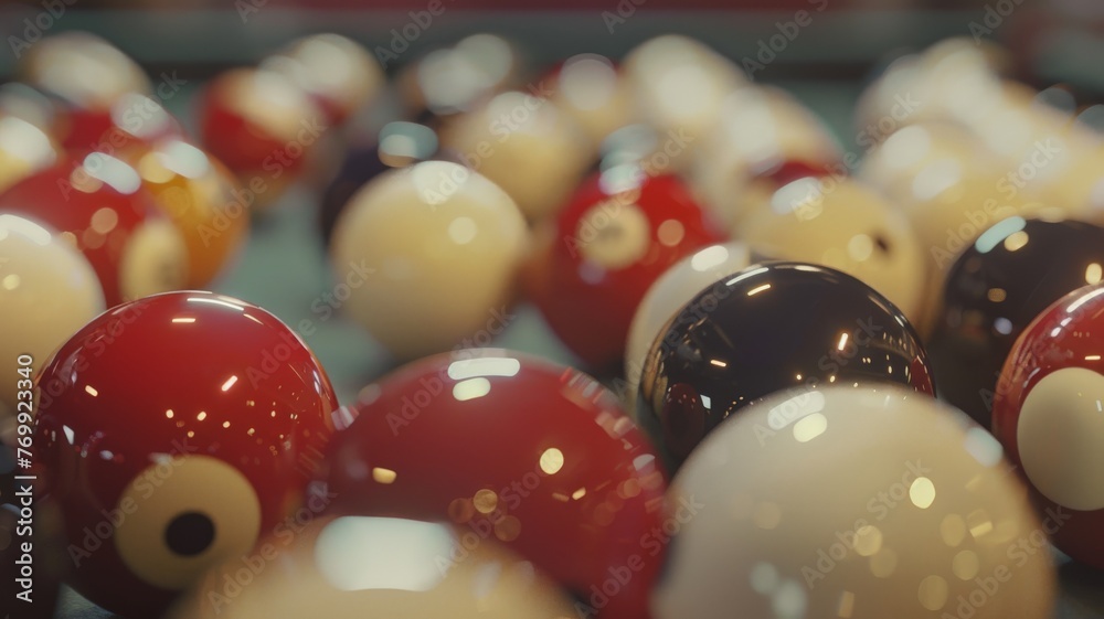 The intricate details of snooker balls and cues captured in a close-up ...