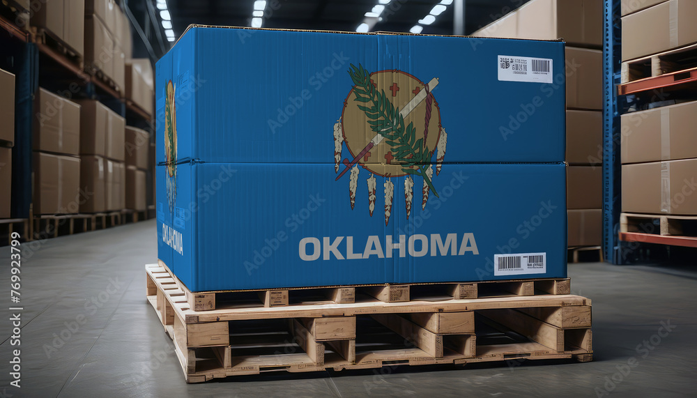 Cardboard boxes and a pallet with the Oklahoma flag, symbolizing export ...