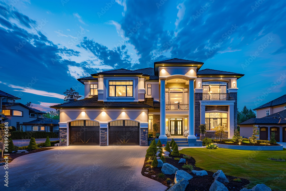 Home Exterior at NightNew Luxury House at Night with Deep Blue Sky ...