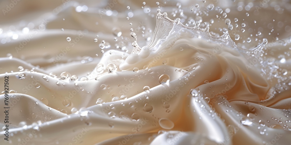 White fabric with detergent foam on it. Soaked fabric is folded in a ...