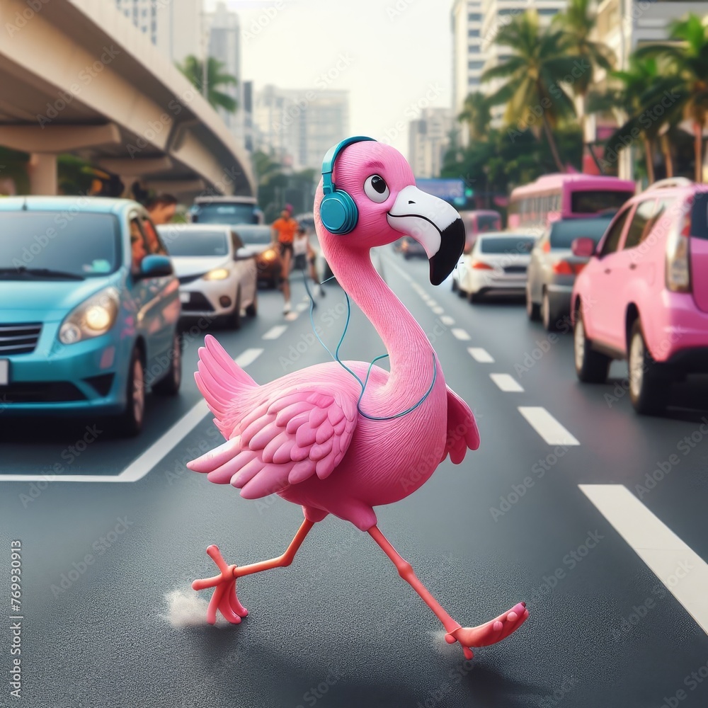 3d cartoon pink flamingo in blue headphones crosses the road, abstract ...