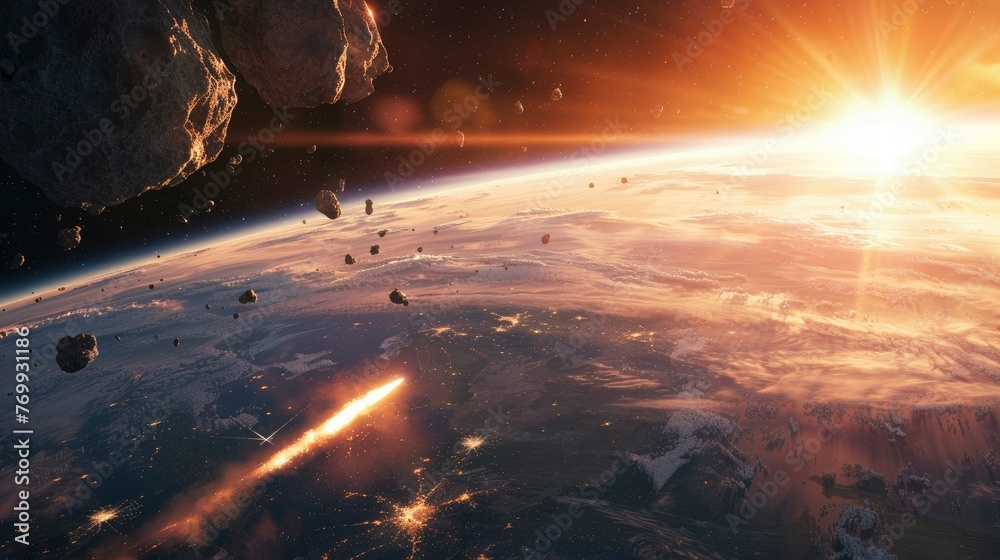 Meteorite falling on planet Earth, a second before the disaster, view ...
