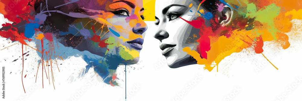 On the left, a bright and colourful spot forms the profile of a woman's ...