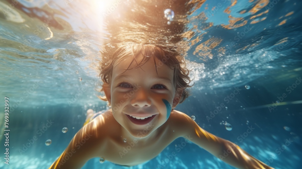 Cute smiling child having fun swimming and diving in the pool at the ...