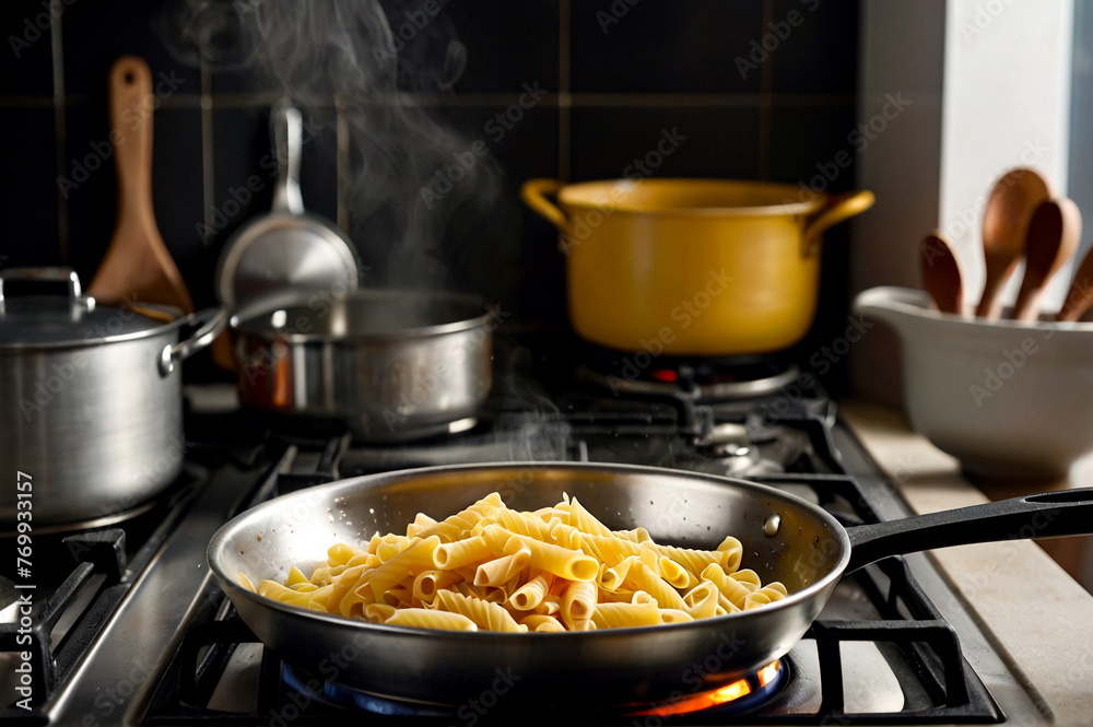 Cooking pasta in pot of boiling water on stove in kitchen. Italian ...