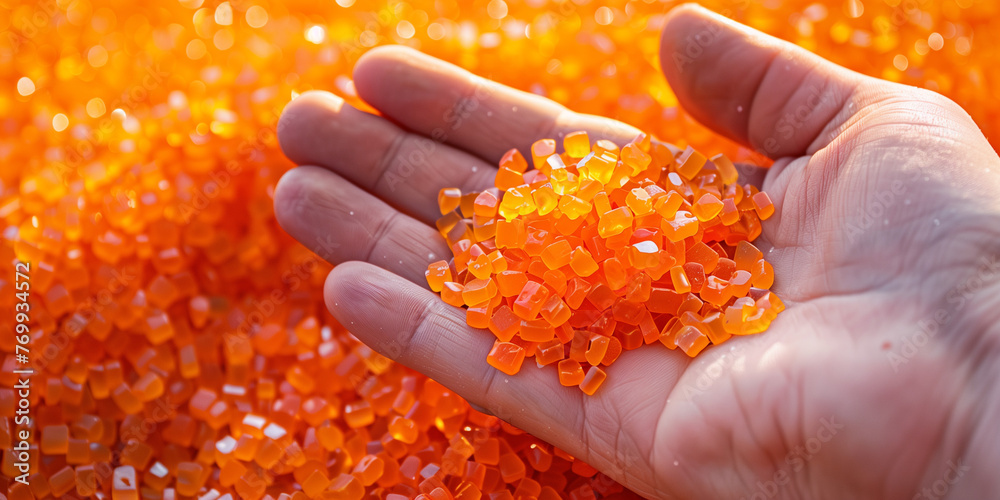 Hand Holding Orange Plastic Resin Pellets for Plastic Manufacturing ...