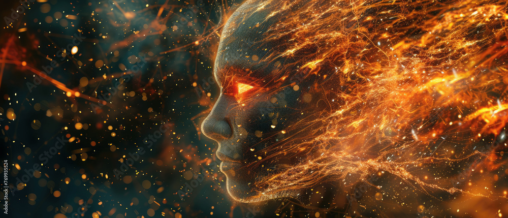 AI humanoid robot with fire, futuristic burning artificial intelligence ...