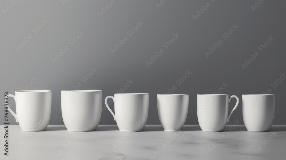 An array of seven white mugs lined up against a gray backdrop, offering ...