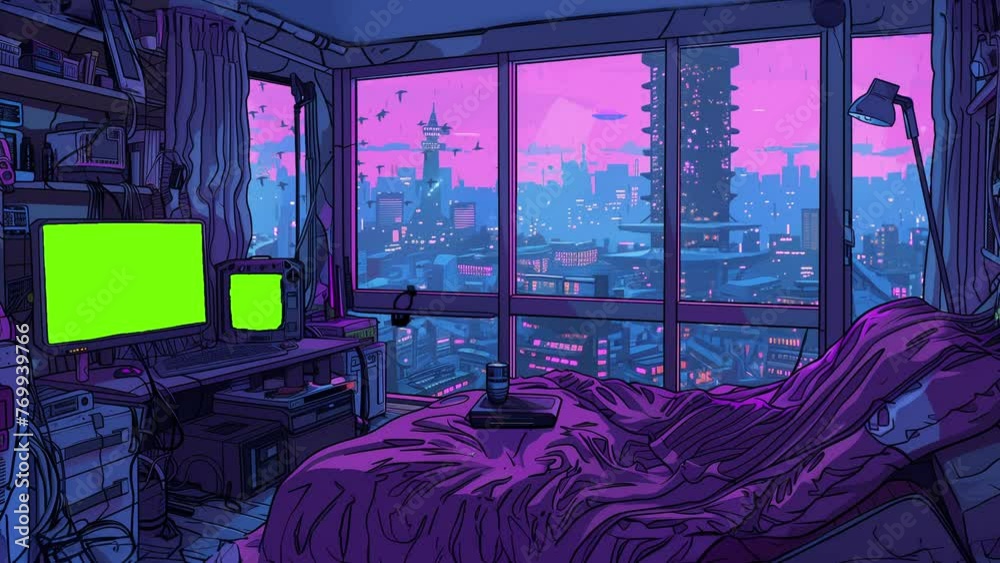 Animated virtual background of cozy futuristic interior living room ...