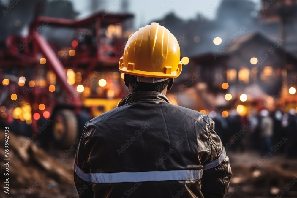 Observation of a busy factory floor by a worker wearing safety gear ...