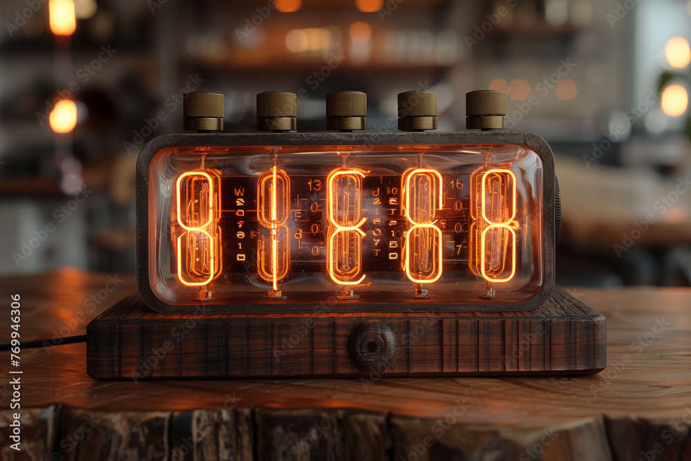 Cathode tube clock in a wooden case with time correction elements ...