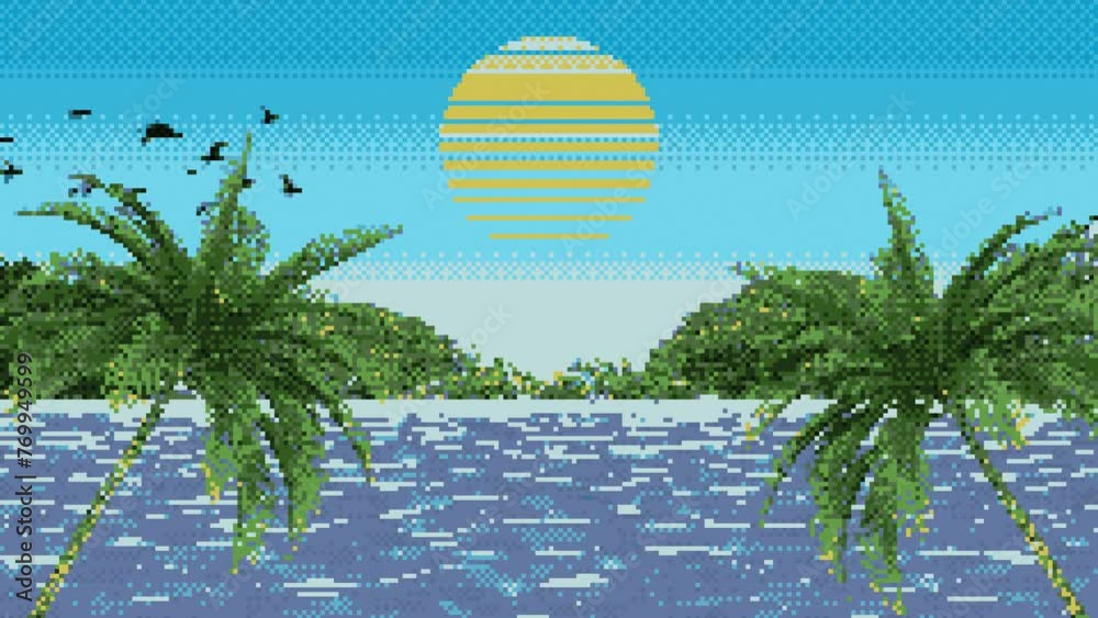 Pixel tropical background in 4K. 8-bit retro background. Mosaic ...