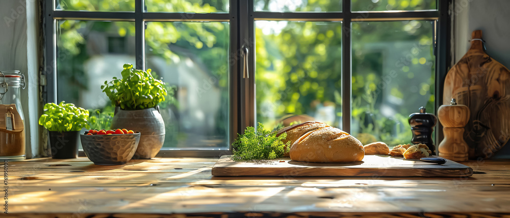 Product photography setup: wooden tabletop, kitchen window background ...
