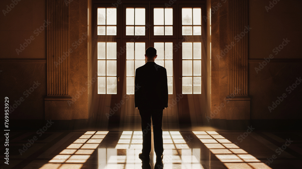 A courtroom officer stands solemnly at the courtroom's entrance, the ...