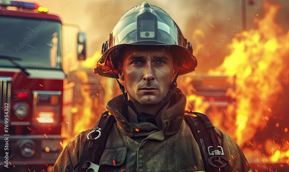 Fireman standing in front of a fire background. Firefighter portrait ...