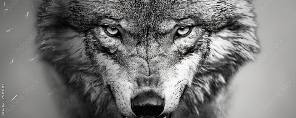 Aggressive wolf head detail in black and white color. Detail of Wolfs ...