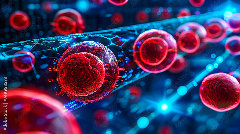 A detailed 3D visualization of flow cytometry technology, with cells ...