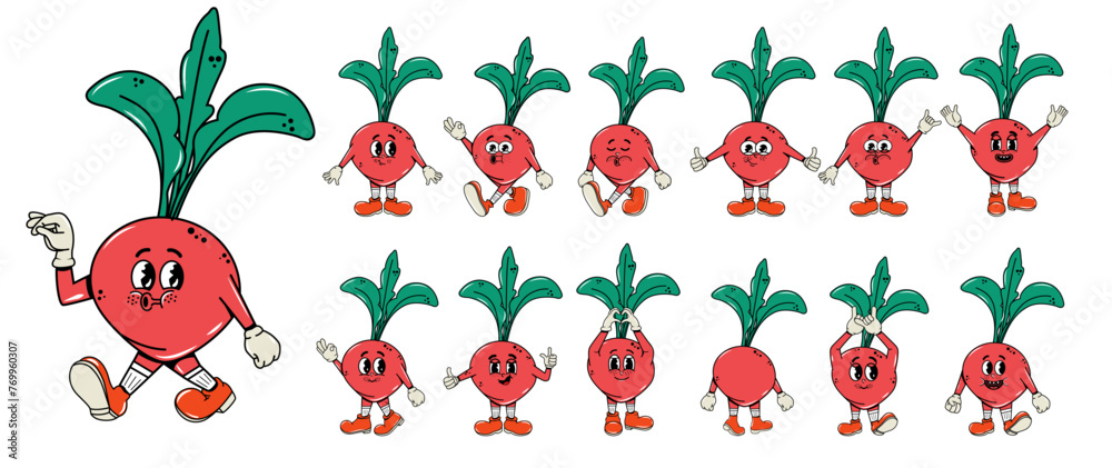Set of walking characters in retro groovy style. Collection of radishes ...