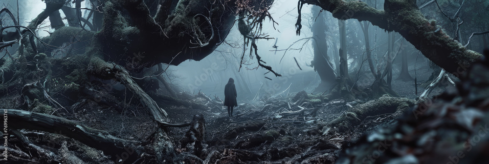 Foreboding forest with lone figure amidst trees - Eerie forest setting ...