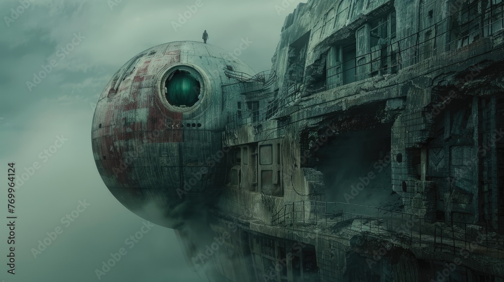 Sci-fi spaceship crashed on desolate building - Dark dystopian scene of ...