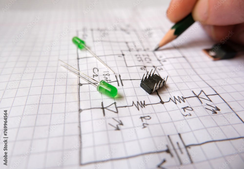 Hand drawn electronic circuit diagram and semiconductor components ...
