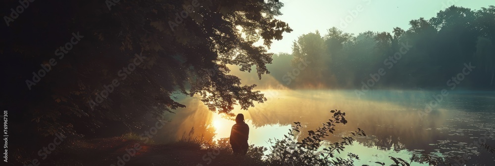 Sunrise by the lake with a human figure - A serene sunrise over a foggy ...