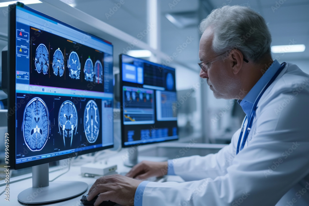 A doctor is looking at a computer monitor with several images of the ...