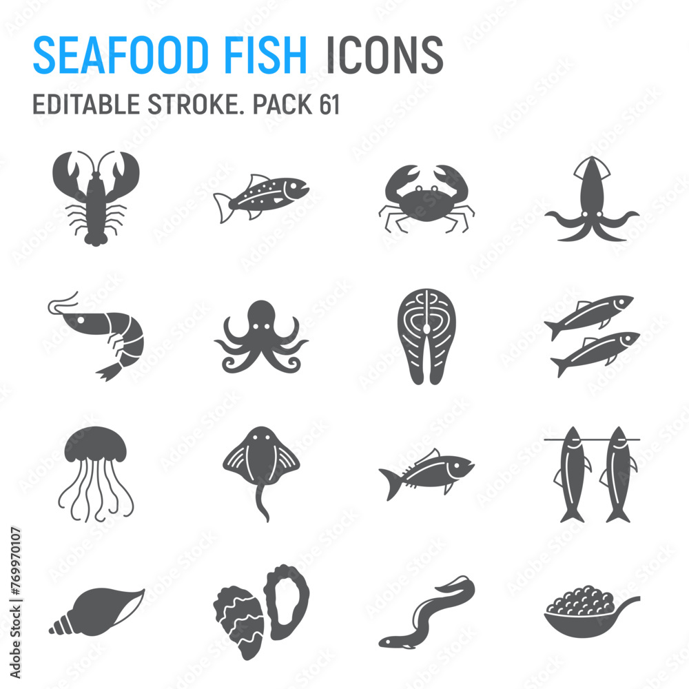 Seafood and fish glyph icon set, sea animals collection, vector ...