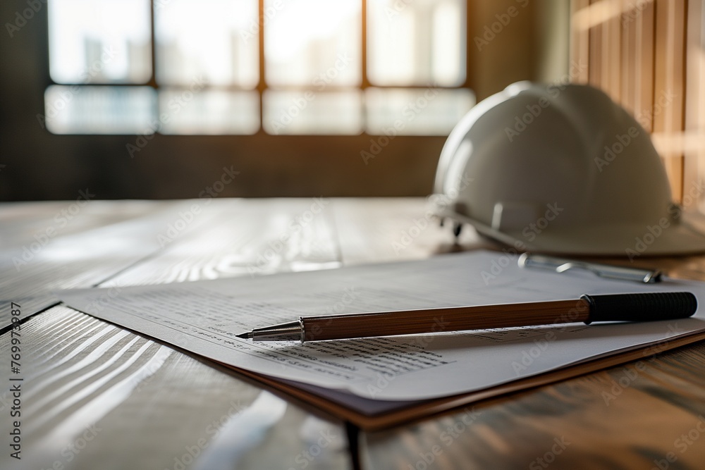 contraction cap and paperwork or construction map closeup, construction ...
