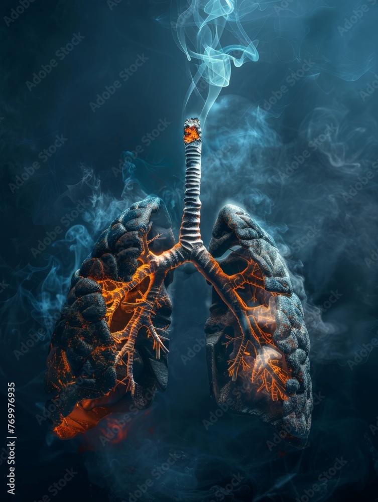 Anatomically correct human lungs showing effects of smoking cigarette ...